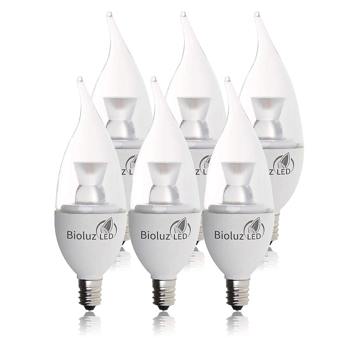 Bioluz LED 6 Pack Flame Tip Candelabra LED Bulb, Dimmable 40 Watt Chandelier Bulbs 40 (uses 4.5W) Watt E12 Base Candle Bulbs 2700K (Warm White) Indoor/Outdoor