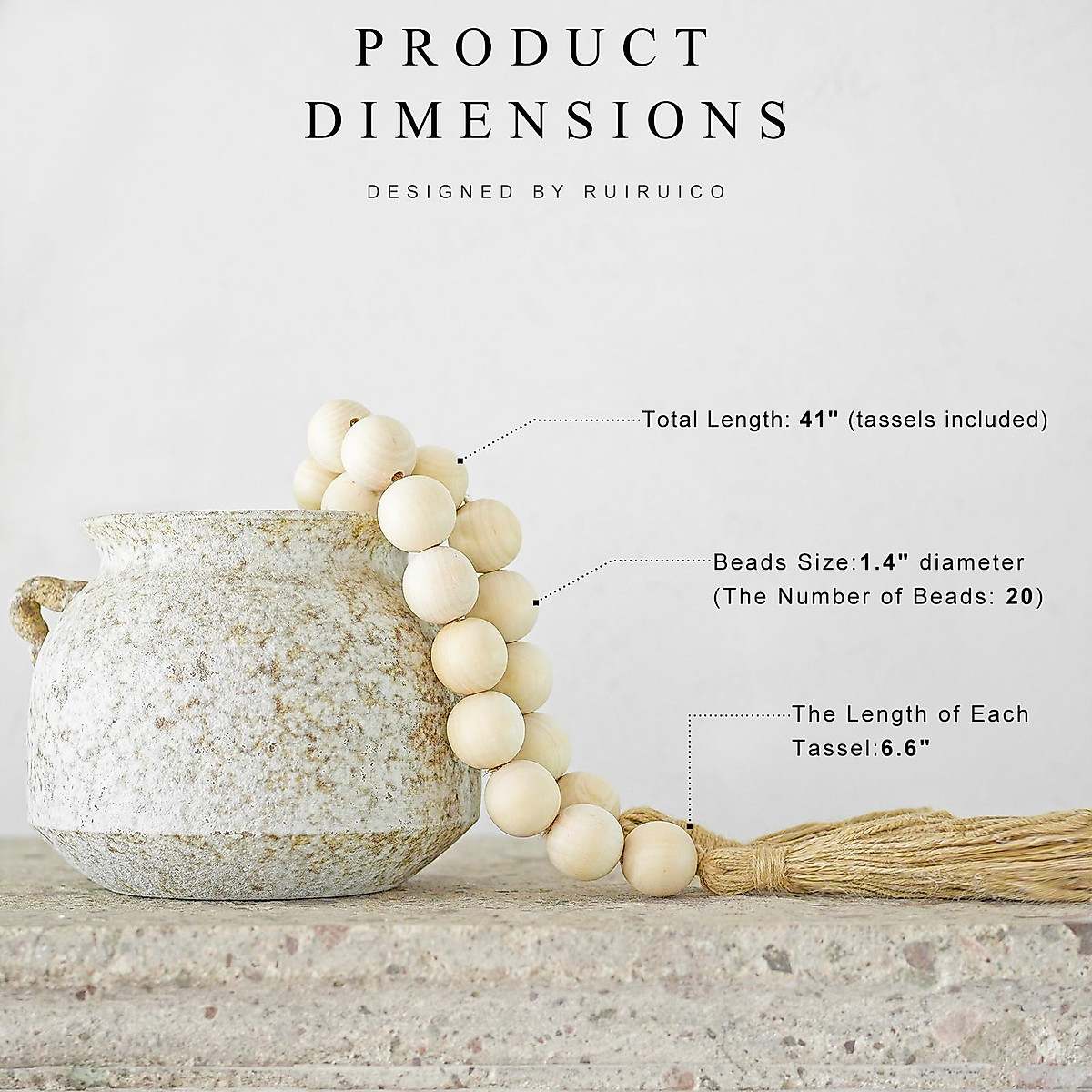 RUIRUICO Large Wood Bead Garland with 1.4" Diameter Wooden Beads, Wooden Beads Garland with Tassels, Decorative Beads for Farmhouse Decor (Natural, 41 Inches)