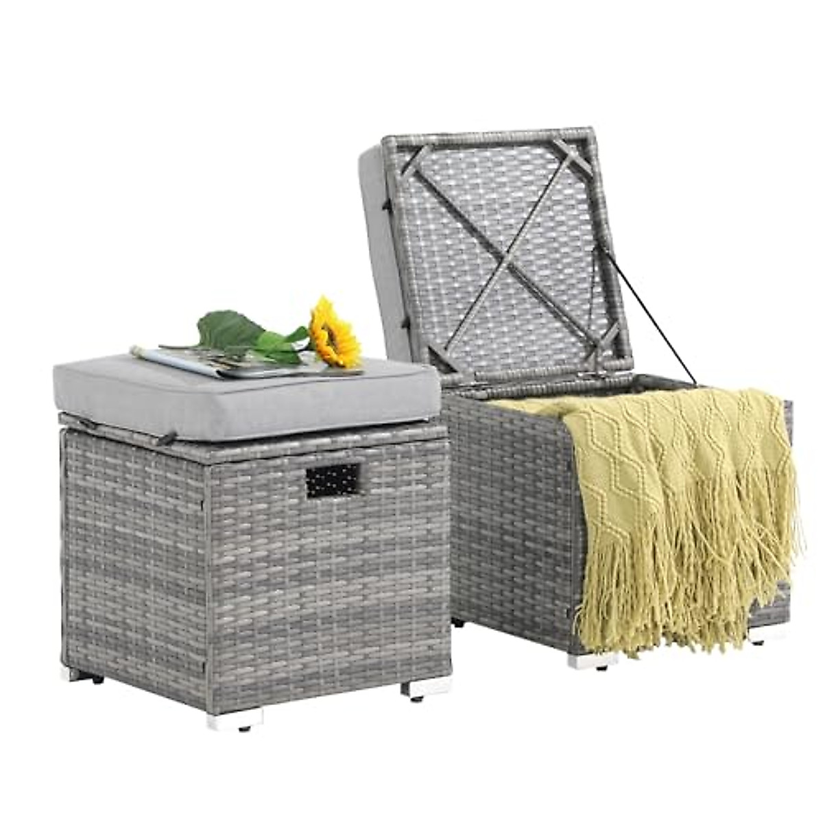 Patiorama 2 Piece Outdoor Patio Ottomans,All-Weather Grey PE Rattan Wicker Ottoman with Storage,Outdoor Footrest Footstool Seat w/Thick Cushion,Built-in Handle for Backyard Poolside Porch (Light Grey)