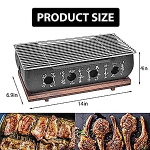 Japanese Style BBQ Grill,14 x 6.9 x 4 inches Portable Barbecue Stove Aluminium Alloy Charcoal Stove with Wire Mesh Grill and Base Japanese Tabletop Household Barbecue Tools