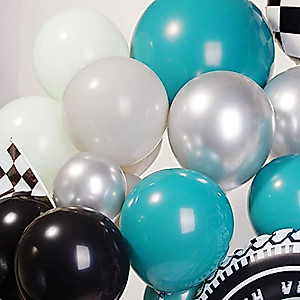 Race Car Balloon Garland Kit 130Pcs Two Fast Birthday Decorations Blue and Green White & Checkered Flag Balloons, Race Cars Party Supplies