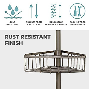 Zenna Home Tension Pole Shower Caddy, 4 Basket Shelves, Adjustable, 60 to 108 Inch, Satin Nickel