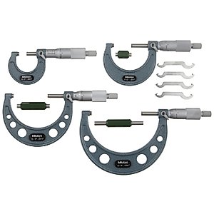Mitutoyo 103-930 Outside Micrometer Set with Standards, Ratchet Stop, 0-4" Range, 0.001" Graduation (4 Piece Set)