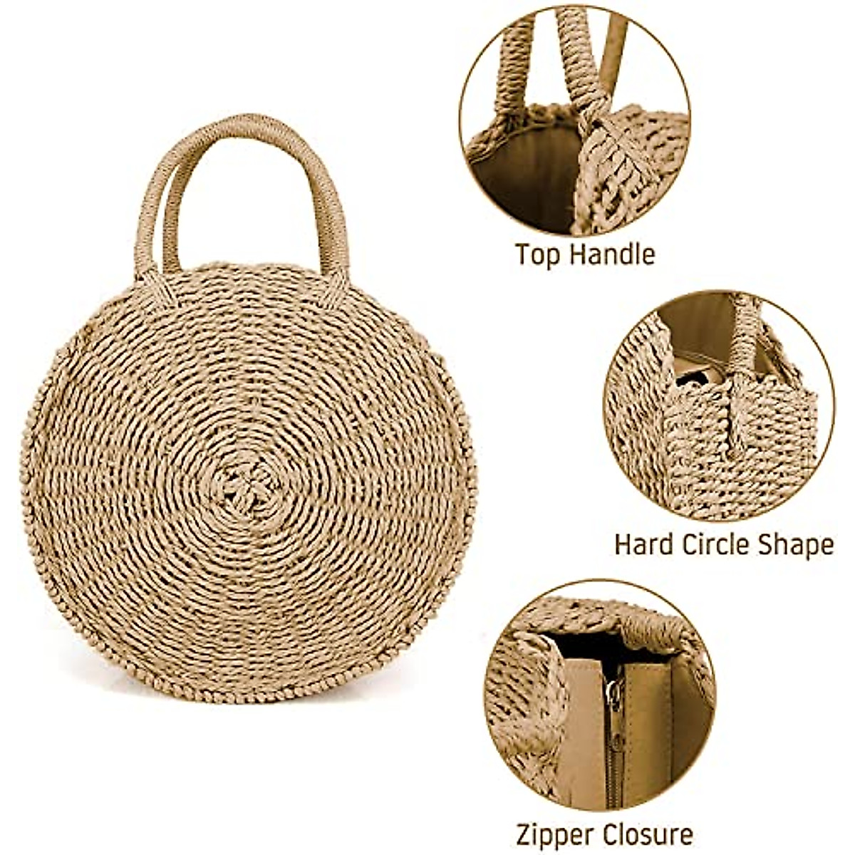 Women Straw Summer Beach Bag Handwoven Round Rattan Bag Cross Body Bag Shoulder Messenger Satchel with Handle