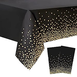 Jepeux 2 Packaging Black and Gold Plastic Tablecloth, 54 inch x108 inch Rectangular Disposable dot Party Table Cover, Suitable for Birthday, Graduation, Restaurant, Wedding Decoration Tablecloth