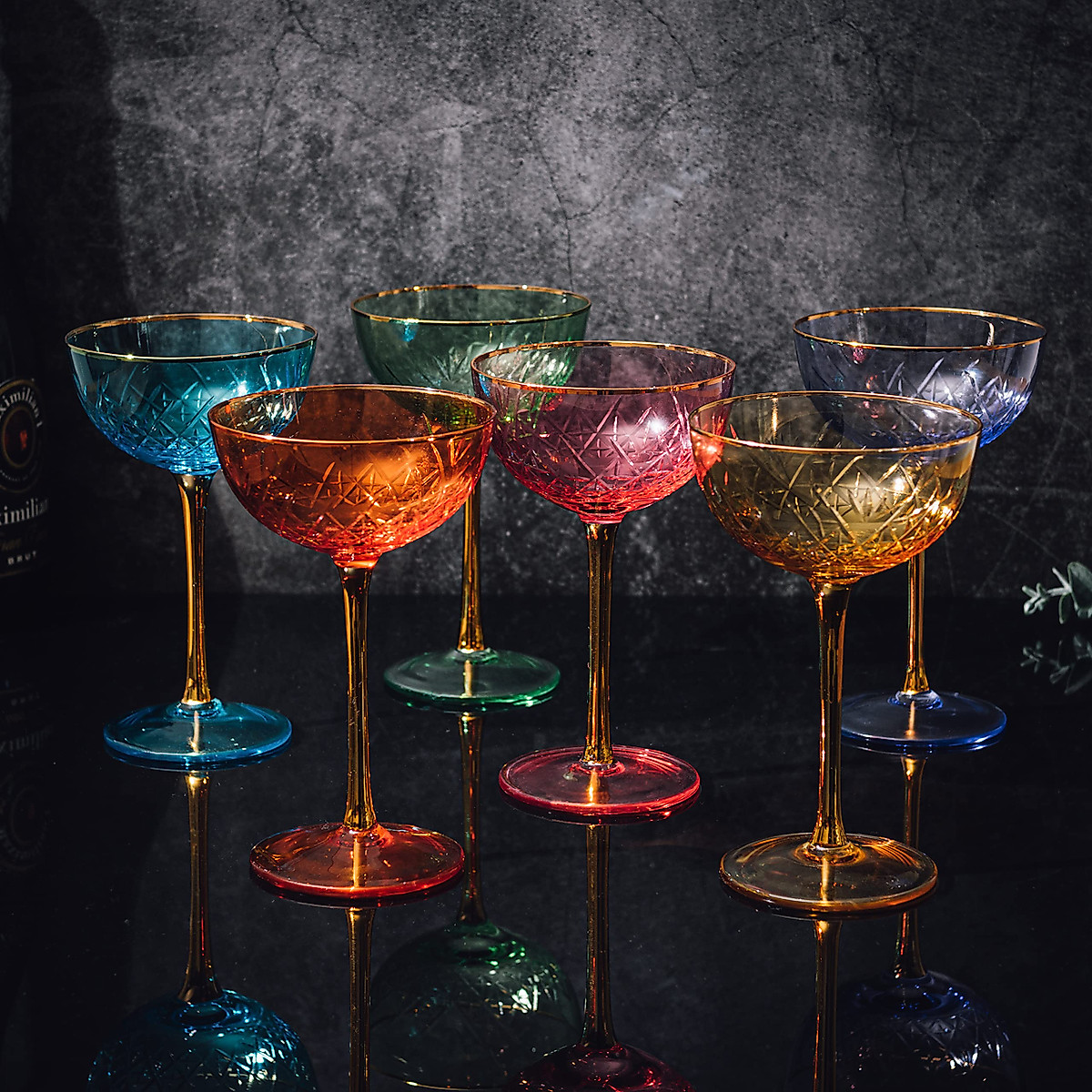 Vintage Art Deco Coupe for Champagne, Martini, Cocktails | Set of 6 | 7 oz Classic Cocktail Glassware - Manhattan, Cosmopolitan, Sidecar, Crystal Speakeasy Style Saucer Goblets Coupes with Stems