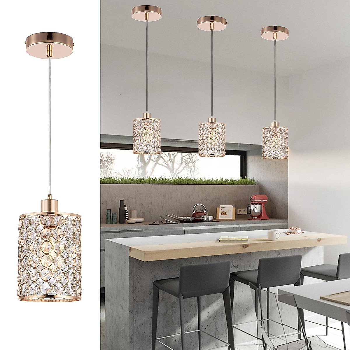 Cuaulans Gold Crystal Pendant Light, 3 Pack Kitchen Island Lighting, Modern Adjustable Bar Lights Hanging Fixture for Kitchen Dining Room Bedroom Bar