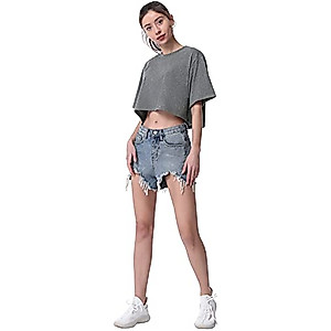 Cosy Pyro 4-Pack Women's Cotton Crop T-Shirts Short Sleeve Solid Cropped Athletic Top Round Neck Casual Workout Yoga Tees Black/White/Gray/Navy M