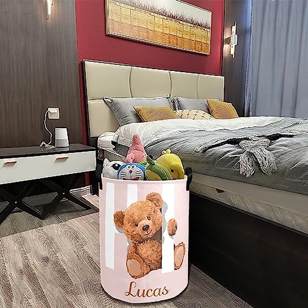 Meet Pink Teddy Bear Personalized Freestanding Laundry Basket Clothes Hamper Waterproof,Custom Laundry Collapsible Storage Bins Toys Baskets with Handle for Bedroom Bathroom