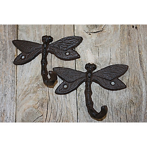 Rustic Country Dragonfly Bath Towel Hooks Powder Coat Brown Cast Iron, 3 1/4 inch Tall, H-90, Set of 2