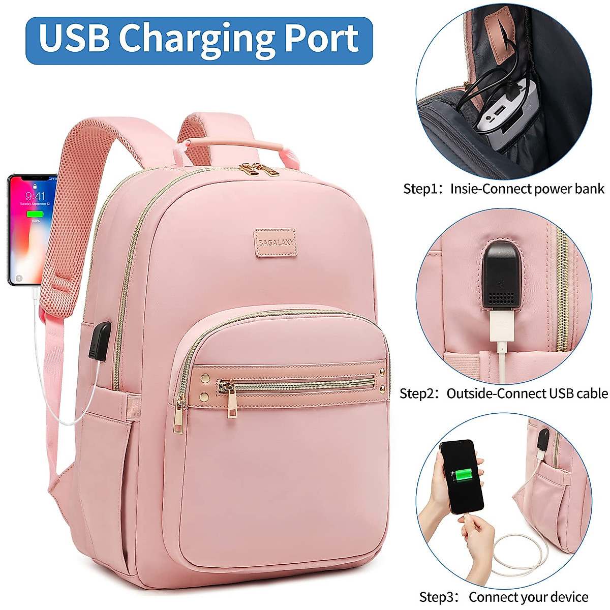 Bagalaxy Pink Women School Laptop Backpack: 15.6 Inch Nurse Work Bag Travel Bookbag Teacher College Purse Backpacks Computer Business Back Pack with USB Charging Port Student Womens Gift