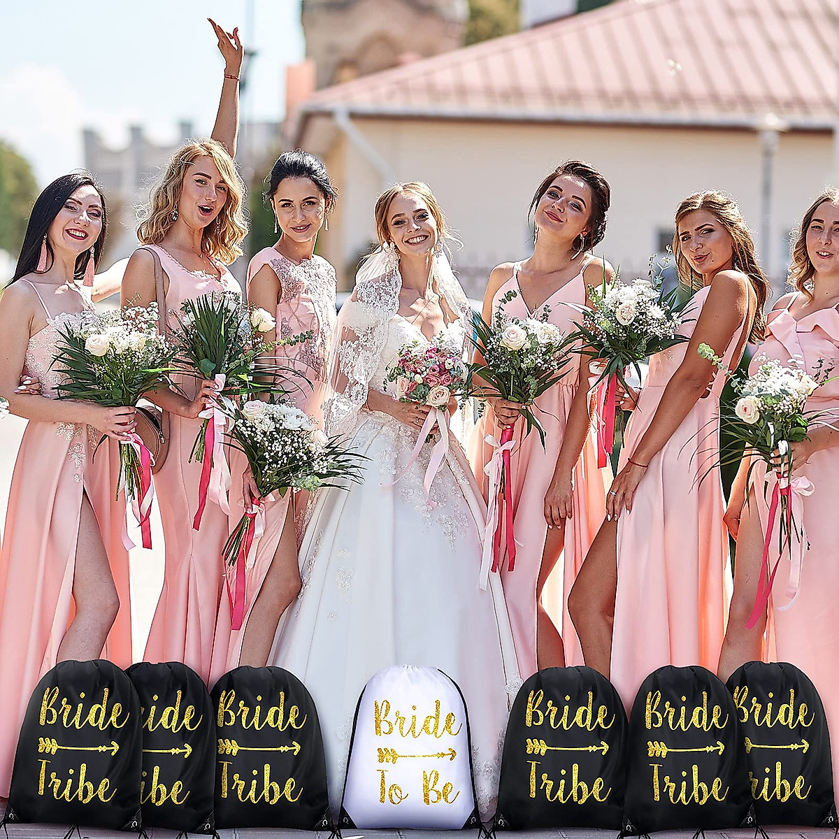 Maitys 12 Pieces Bride Drawstring Bags Bachelorette Party Drawstring Backpacks for Bridal Shower Wedding Party Bridesmaids Supplies Gift Bag (Black)