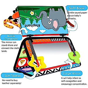 Aboosam Tummy Time Baby Mirror Toys 0-6 6-12 Months High Contrast Infant Toys Brain Development with Crinkle Cloth Book and Teether - Montessori Newborn Sensory Toys for Babies Boys Girls Gifts
