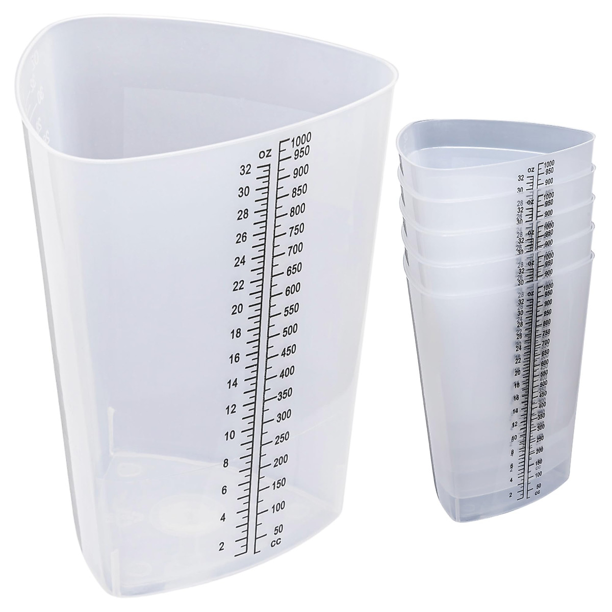 Plastic Graduated Triangular Intake Output Container [5 Pack] 32 Ounce Three-Sided Translucent Laboratory Beaker for Measuring and Mixing - Clear Markings in oz and cc - for Specimen, Paint and Epoxy
