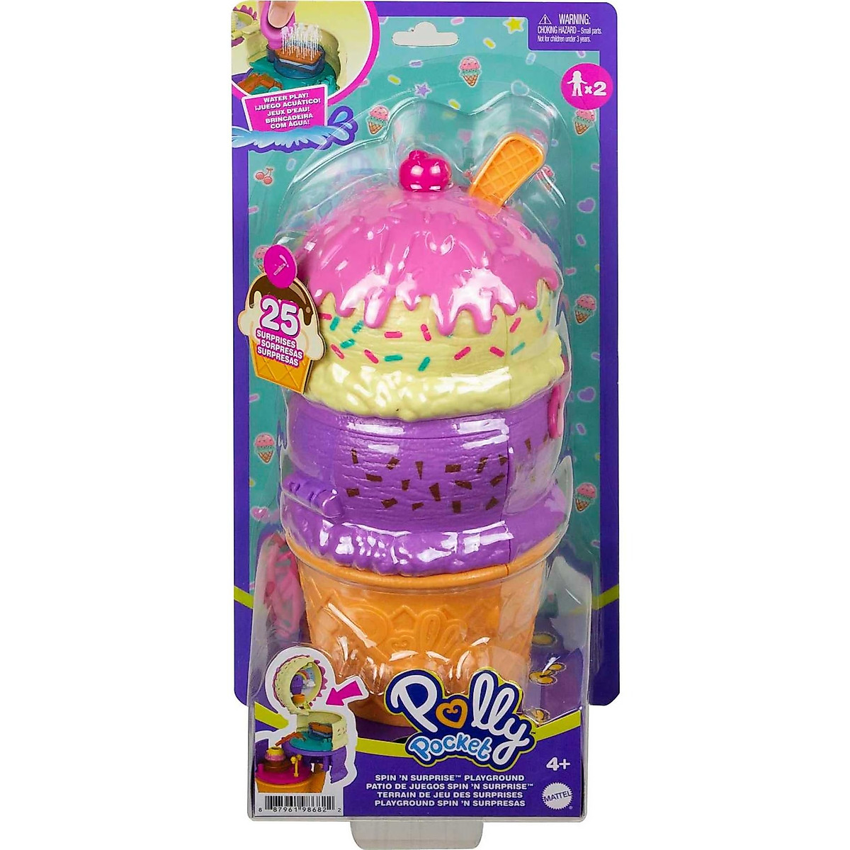 Polly Pocket Dolls and Accessories, Ice Cream Cone-Shaped Playground with 3 Floors and 2 Micro Dolls, Spin ‘n Surprise Compact​​
