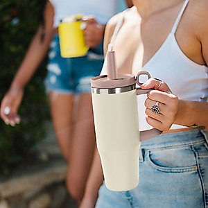 40oz Tumbler, Insulated Stainless Steel Water Bottle with Straw, Cover Cap, Leak Proof Travel Tumbler with Handle, BPA-Free, Cupholder Friendly, Gifts for Women & Men, Khaki