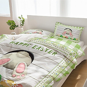 Easter Queen 3 Pieces Duvet Cover Set,Bunny Tail Egg Super Soft Breathable Bedding Sheet,Flower Green Plaid White Plank Machine Washable Quilt Covers and Pillow Cases Bed Sets for Bedroom Guest Room