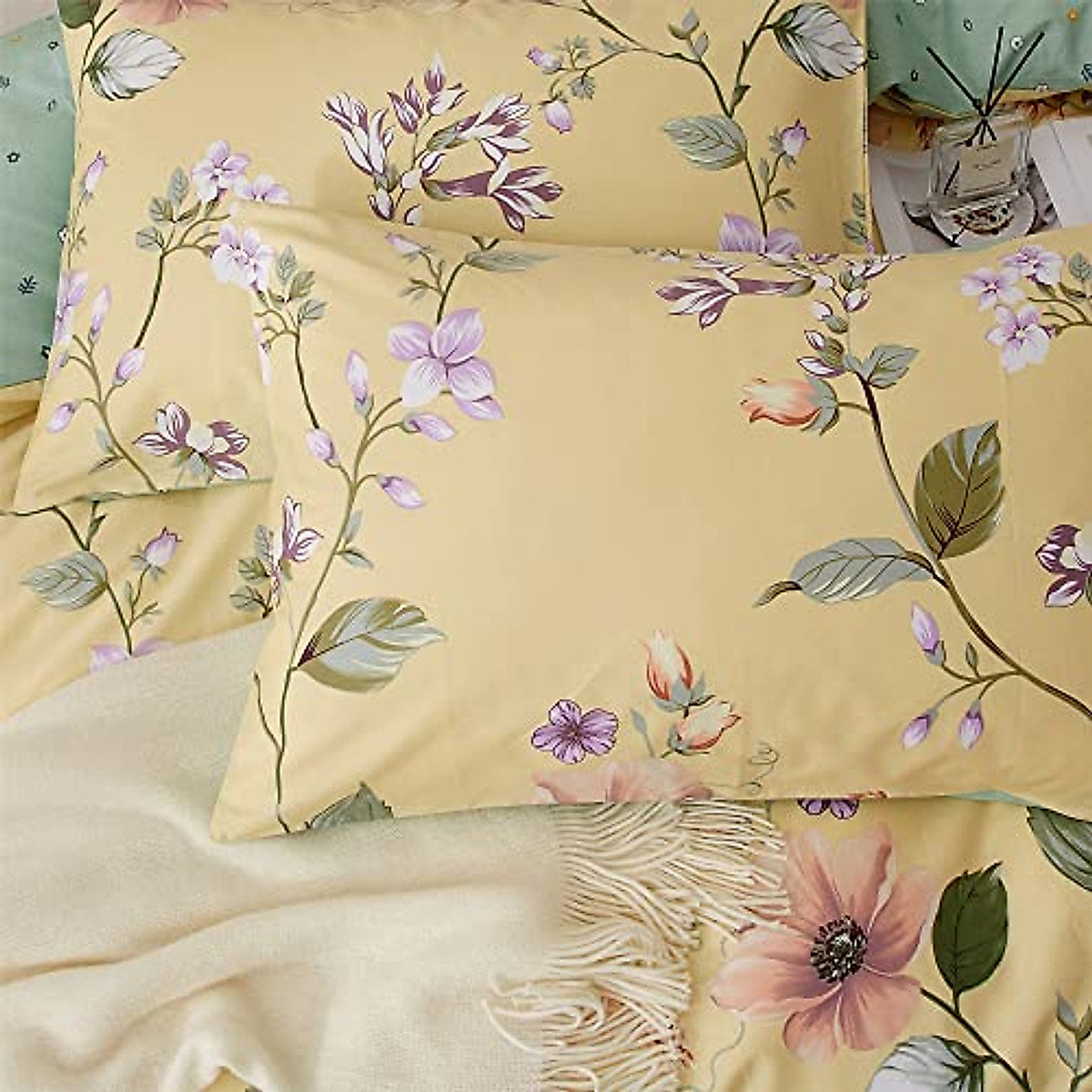 PinkMemory Queen Duvet Cover Yellow Garden Floral 100% Cotton,Reversible Yellow and Green Flower Pattern Bedding Duvet Cover Set Full Queen with Pillowcases Soft Durable Zipper-No Comforter Insert