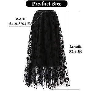 Women's A Line Tulle Midi Skirt Tutu Tiered Petticoat Skirts Tea-Length Elastic Waist Tutu Skirts (Flower Black 3 Layer)