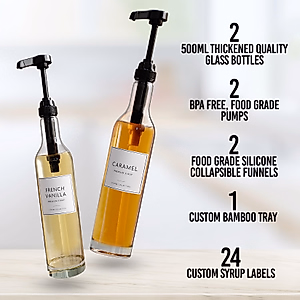 Coffee Syrup Dispenser Set, Coffee Bar Accessories, 500ml Glass Syrup Bottle Set with Labels, Silicone Funnels, Bamboo Tray (Gold)