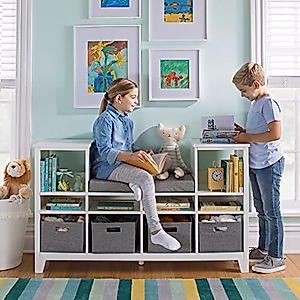 MARTHA STEWART Living and Learning Kids' Reading Nook - Creamy White: Wooden Storage Bench Bookshelf Organizer with Seat Cushion, and Fabric Bins for Toys, Books, Art - Bedroom or Playroom Cubby