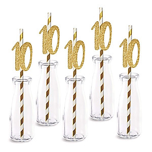 10th Birthday Paper Straw Decor, 24-Pack Real Gold Glitter Cut-Out Numbers Happy 10 Years Party Decorative Straws