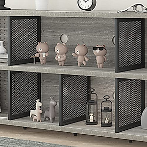 LVB Industrial 4 5 6 7 8 Cube Bookcase, Rustic Wood Metal Horizontal Bookshelf, Modern Wide Cube Organizer Storage Shelf, Large Long Low Book Shelf for Office Bedroom Living Room, Light Grey Oak 63 In