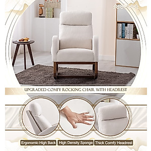 KINFFICT Comfy Rocking Chair, Upholstered Accent Glider Rocker for Baby Nursery or Relaxation, Living Room Armchair with High Back and Headrest, Modern Rocking Glider with Side Pocket, Beige