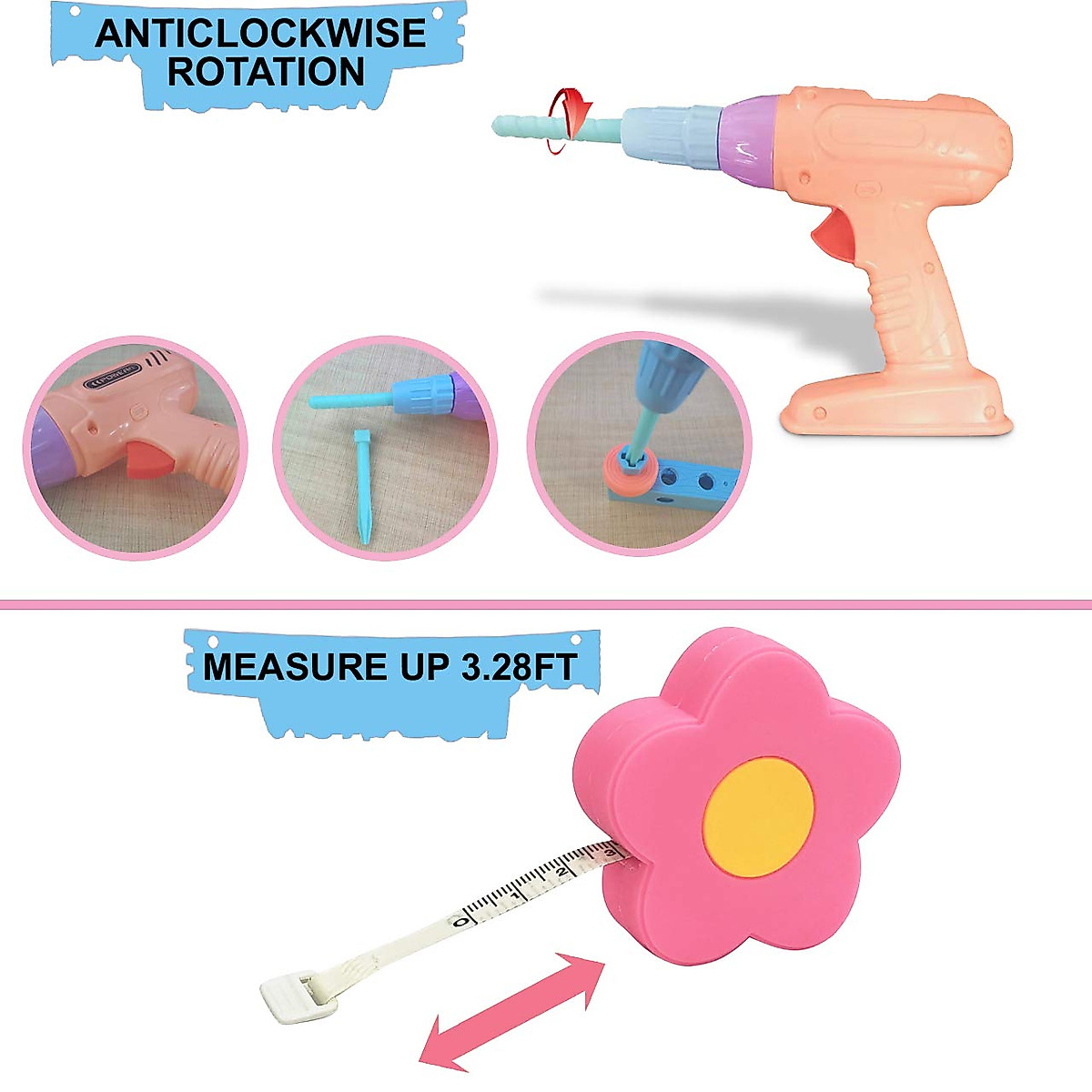 Gifts2U Toy Tool Set for Girls Pretend Play Toy with Play Drill Tool Box, Vest Costume and Toy Tape Measure, Pink Toy Tool Set Learning Tool Kit for Girls Toddlers Boys Age 3 4 5 6 Home Stem DIY Gifts