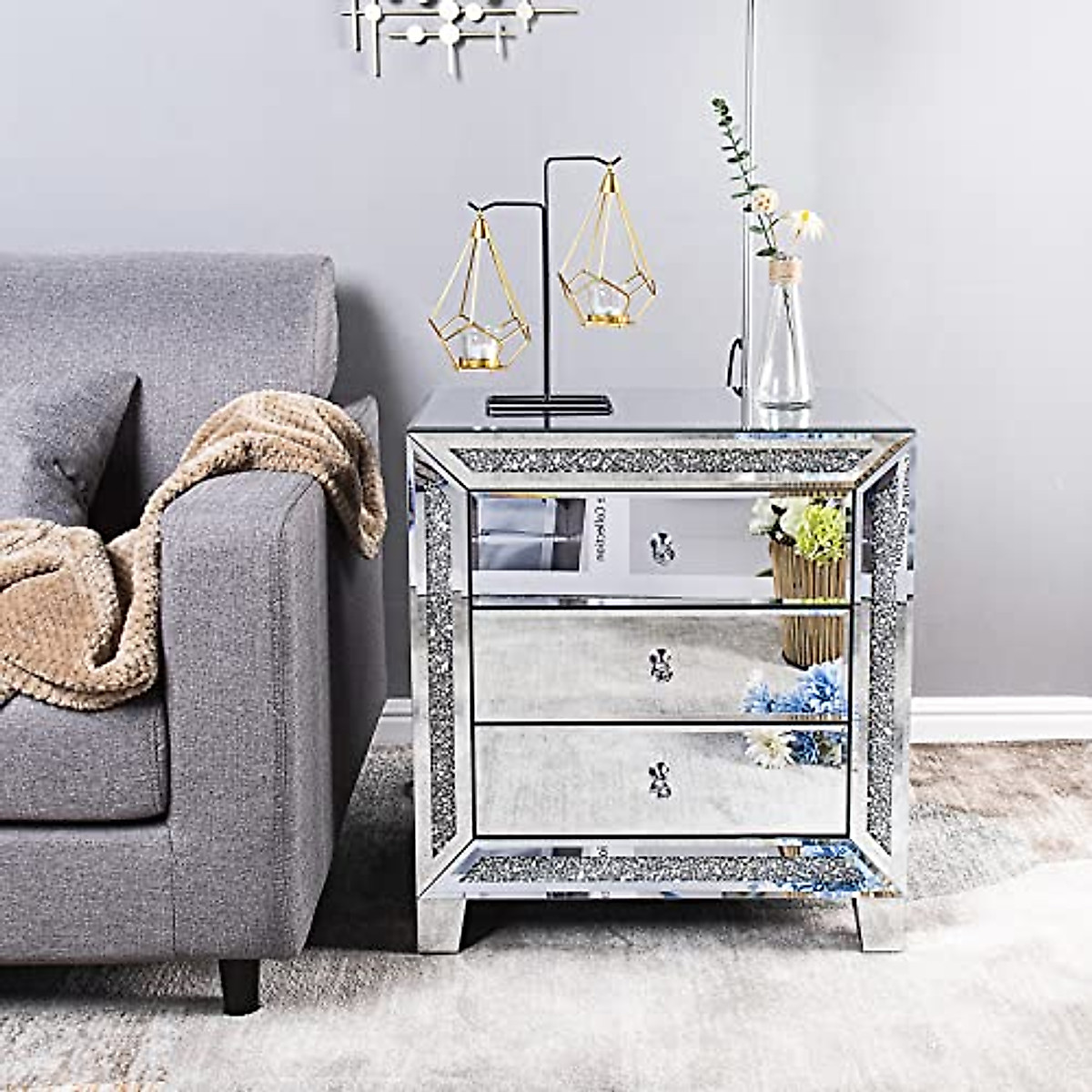 VINGLI Mirrored Nightstands Set of 2 Modern Bedside Table 3 Drawer Glass Side End Table Silver Dresser for Bedroom, 23”L x 13.8”W x 24.3”H
