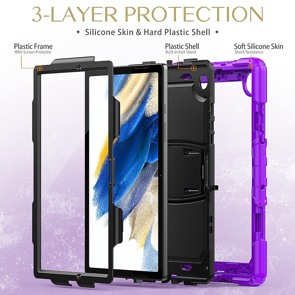 Case for Samsung Galaxy Tab A8 10.5-Inch 2022 (SM-X200/X205/X207), Military Grade Shockproof Rugged Silicone Protective Case with Kickstand, Shoulder Strap,Purple