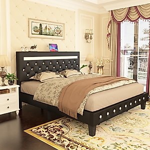 Kallabe Bed Frame Queen Size with Headboard, LED Leather Bed Frame Queen, Upholstered Platform Bed with USB Ports & Socket, APP Control, No Box Spring Needed, Black, TMY-US1015815-5