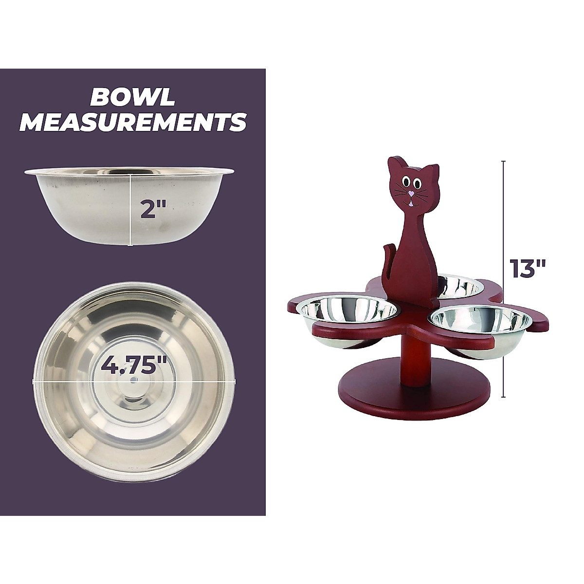 Etna Pet Store Elevated Cat Bowls - This Wooden, Raised Pet Feeder Promotes Better Digestion and is Easy on the Joints - Multiple Cat Feeder with 3 Removable Cat Bowls for Food and Water - Brown