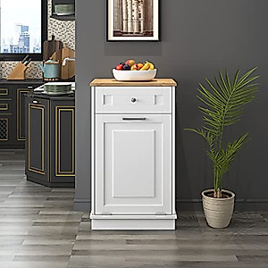 Goodyo Tilt Out Kitchen Trash Can Cabinet Wooden Trash Can Holder, Oak Top ,White w/ Drawer