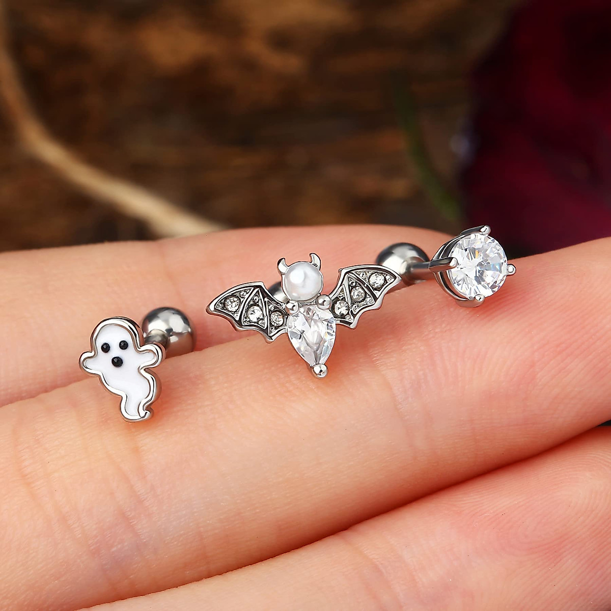 Jewseen 16g Cartilage Earring 3pcs Conch Earring 316L Stainless Steel Helix Earring Bat Tragus Earrings Ghost Piercing Jewelry for Halloween Day