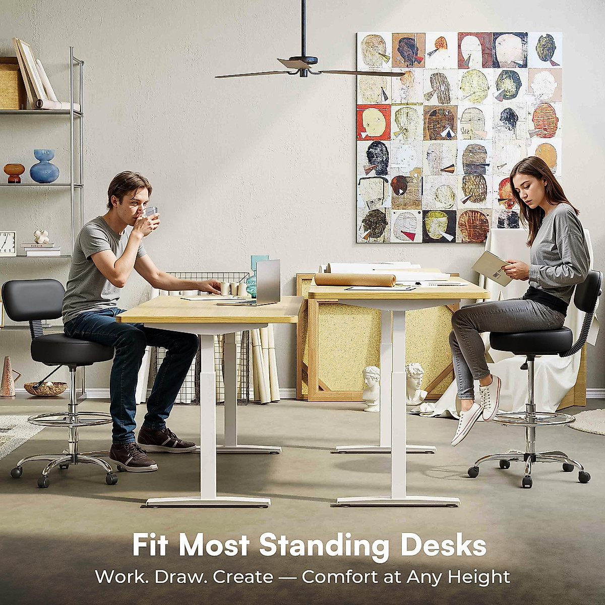 SUPERJARE Drafting Chair with Back, Adjustable Foot Rest Rolling Stool, Multi-Purpose Office Desk Chair, Thick Seat Cushion for Home Bar Kitchen Shop - Black