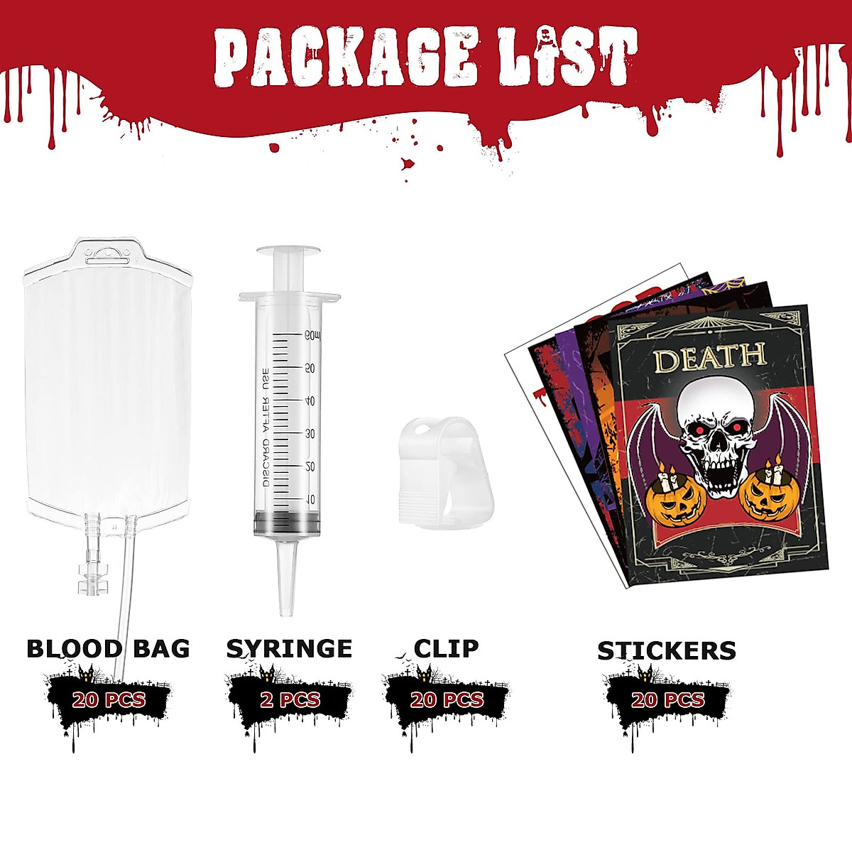 20Packs Halloween Blood Bag for Drinks: 5Design Reusable Drink Pouches Containers Shot and Clips Pouch Prop for Vampire Zombie Hospital Theme Party Supplies