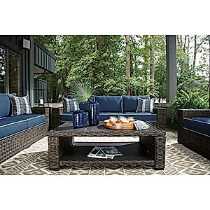 Signature Design by Ashley Grasson Lane Outdoor Patio Wicker Sofa with Cushion and 2 Pillows, Brown & Blue