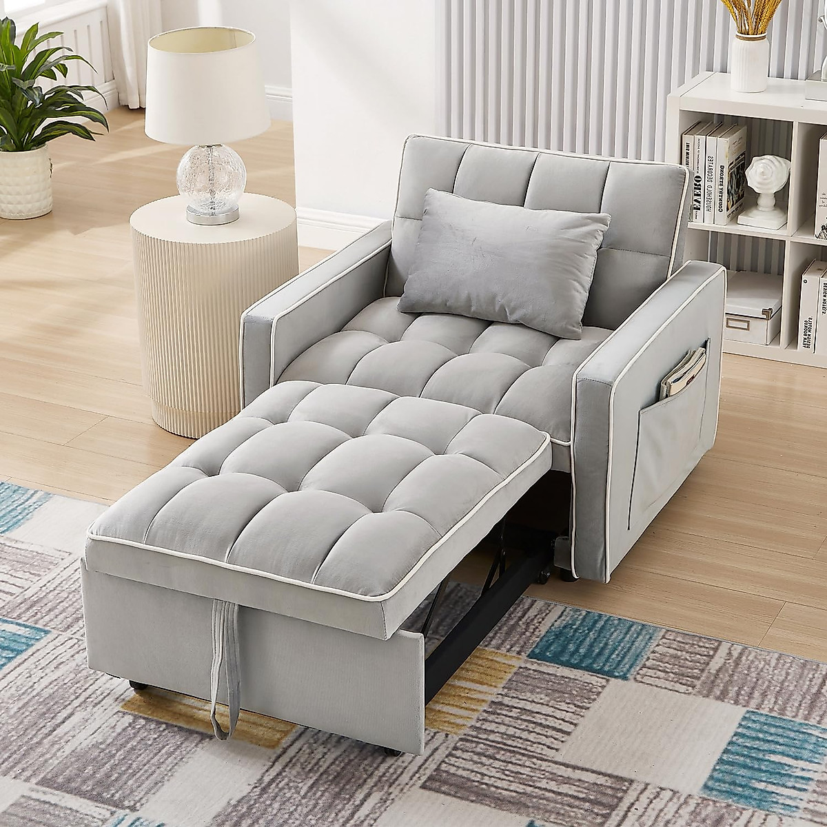GEEVIVO 35-inch Futon Sofa Chair with Pull Out Bed, Modern Tufted Velvet 3 in 1 Convertible Sleeper Sofa Chair with a Pillow for Small Space, Living Room, Apartment, Bedroom, Grey