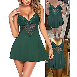 Avildlove Chemise Nightgowns for Women Sexy Sleepwear Modal Chemise Lace Lingerie Gown (Dark Green,L)