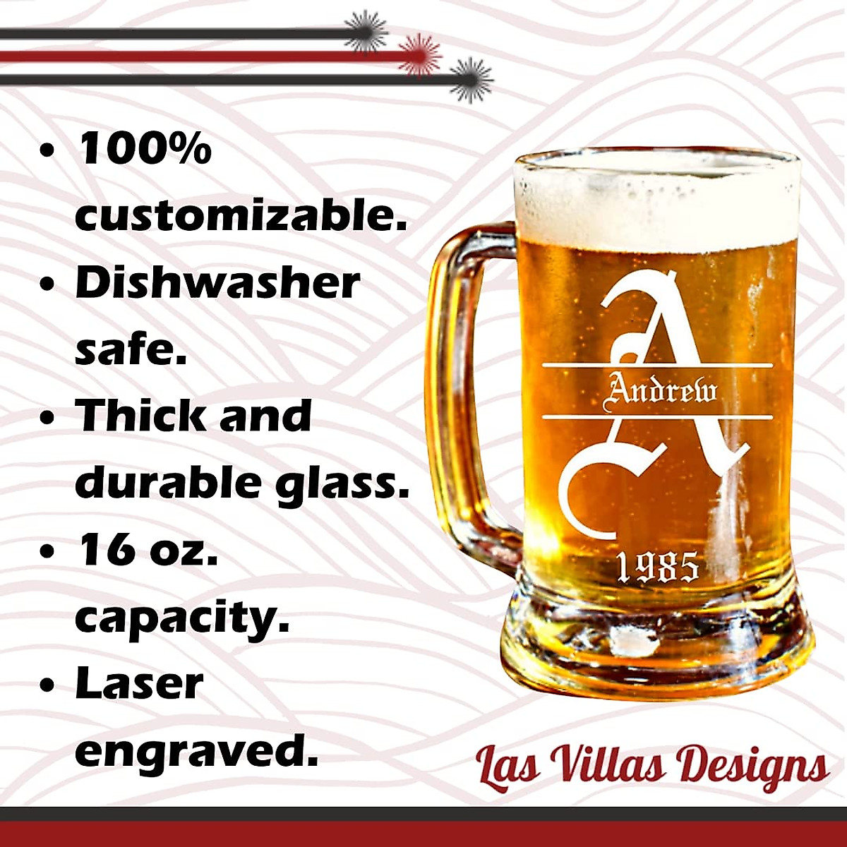 Personalized 16.oz Beer Mug | Sports Letter Design | Clear Glass | Custom Made | Perfect for wedding gifts, anniversaries, birthday gifts, or graduation