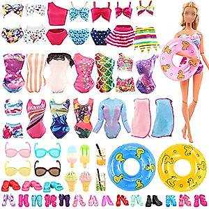 Lot 26 Pack Doll Clothes and Accessories Beach Bathing Set Including 5 Swimsuit 1 Bathrobe 2 Swimming Rings with 18 pcs Glasses Shoes Drinks for 11.5 inch Girl Dolls