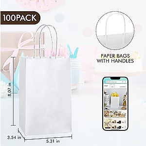 LITOPAK 100Pcs Paper Gift Bags, 8x5.25x3.75 Inches, White, Solid, Minimalist, Christmas, General Use, Gift Wrap, Bulk