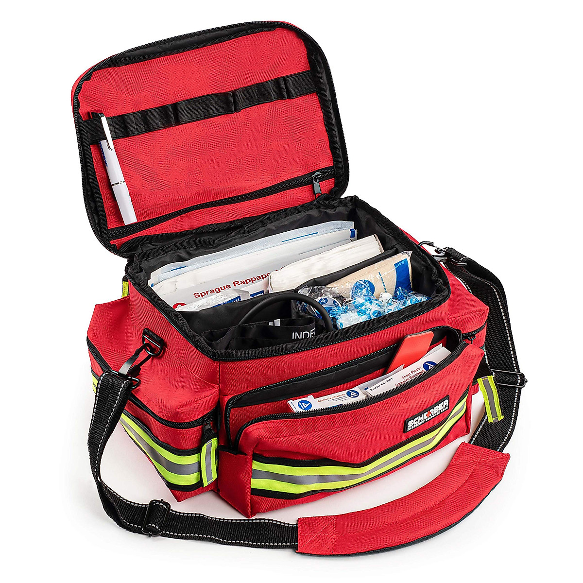 Scherber First Responder Fully-Stocked Professional Essentials EMT/EMS Trauma Kit | HSA/FSA Approved | Reflective Bag w/8 Zippered Pockets & Compartments & 200+ First Aid Supplies - Red