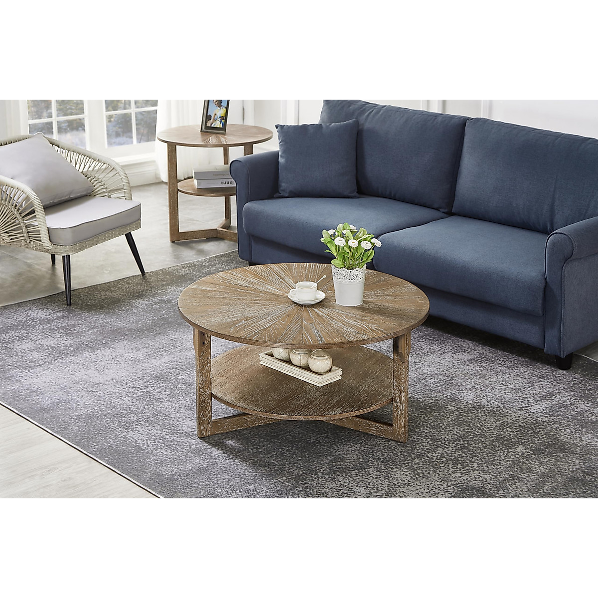 DS-HOMEPORT Wood Round Coffee Table for Living Room, 2 Tier Circle Rustic Coffee Table with Storage, Coffee Table for Apartment, Easy Assembly (Dark Brown,35" Dx35 Wx18 H)