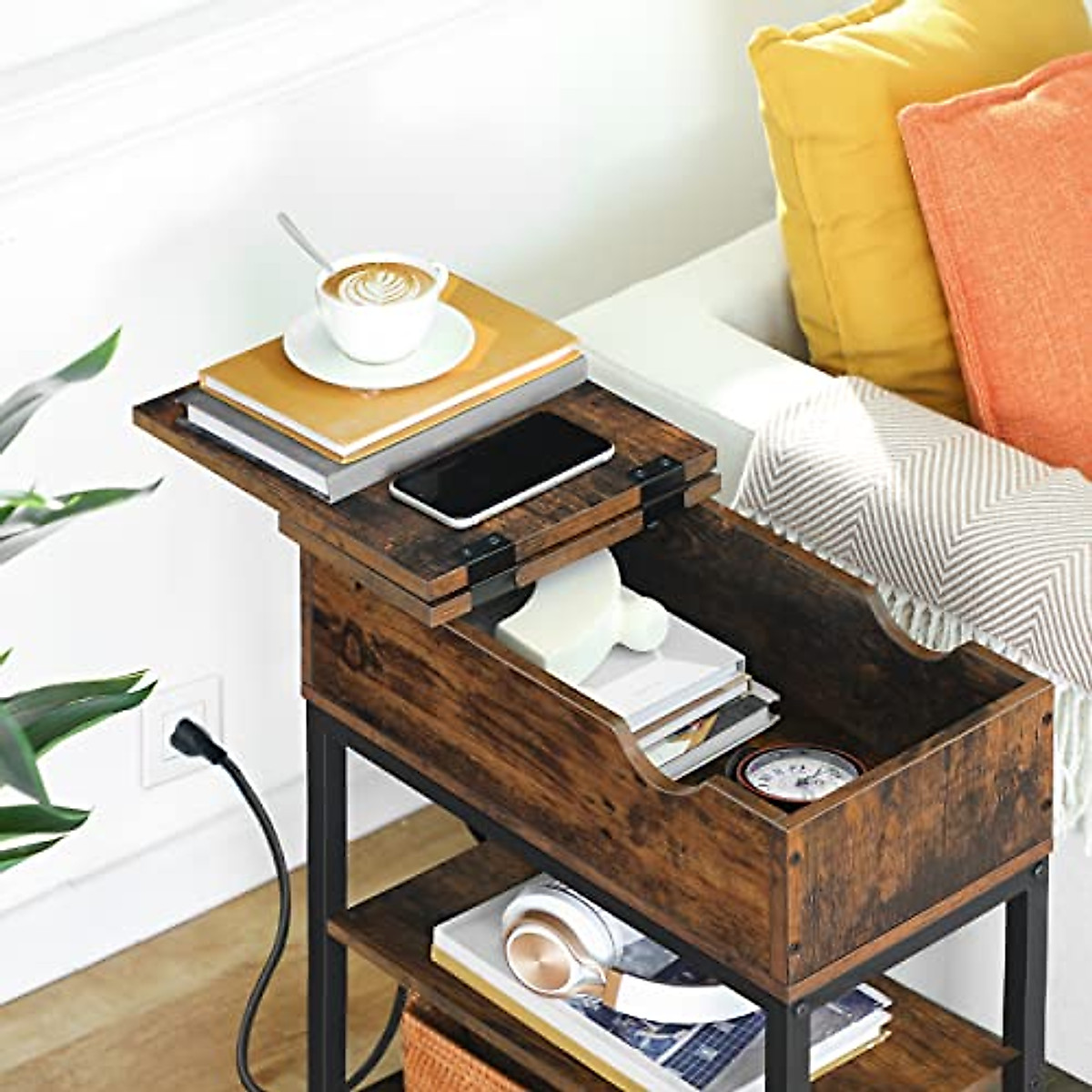 ALLOSWELL Side Table with Charging Station, Narrow Flip Top End Table with USB Ports and Outlets, Nightstand with Storage, Sofa Table for Living Room, Bedroom, Easy Assembly, Rustic Brown ETHR5601