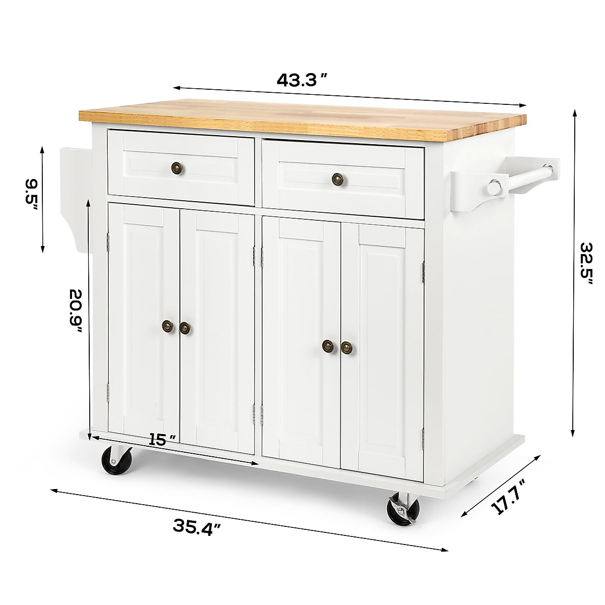 TUSY 43" Kitchen Island with Storage, Rolling Kitchen Cart with Lockable Wheels, Solid Wood Tabletop Kitchen Island Table for Kitchen, Living Room, White