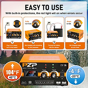 PZP 12V Manual Battery Charger Maintainer, 0 to 10A Arbitrarily Adjustable Car Battery Trickle Charger, Battery Desulfator with Repair, Winter Mode, Suitable for Lawn Mower, AGM, Deep Cycle Batteries