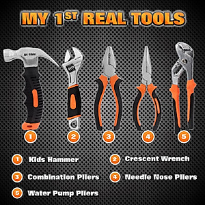 JoyTown Kids Real Tool Set - Junior Steel Forged Tool Kit for Children with Real Hand Tools, Kids Tool Belt, Portable Tool Bag, Perfect Learning Tools for Home DIY (Orange & Black)