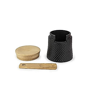Peugeot Bali Black Cast-Iron Pepper Mill & Salt Cellar With Wooden Tray Gift Boxed- With Wooden Spice Scoop